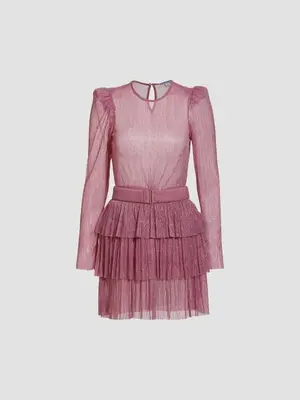 SABINA MUSAYEV Monique Belted Metallic Knit Minidress - Antique Rose