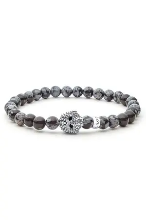Lagos Anthem Snowflake Obsidian Skull Bead Bracelet - Silver