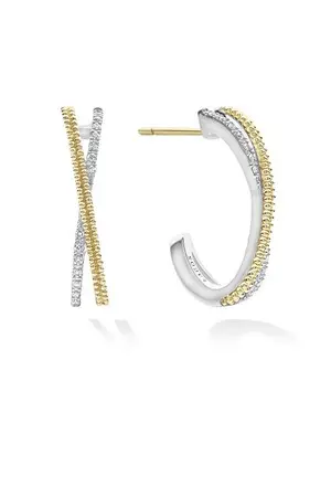 Lagos Caviar Lux Thin Two-tone Caviar X Diamond Hoop Earrings - Gold