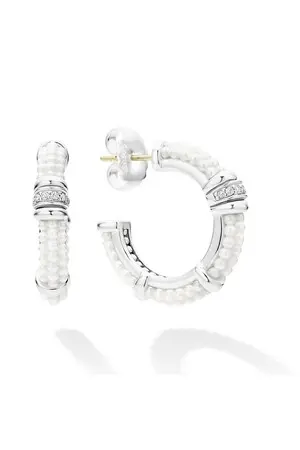 Lagos Caviar Ceramic And Diamond Hoop Earrings - White