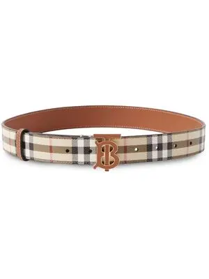 Burberry Checked Leather Belt With Monogram Plaque - Neutrals