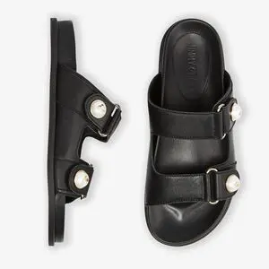 JIMMY CHOO Fayence Flat Leather Sandals With Pearl Embellishment - Black