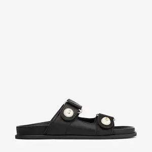 JIMMY CHOO Fayence Flat Leather Sandals With Pearl Embellishment - Black