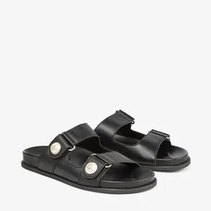 JIMMY CHOO Fayence Flat Leather Sandals With Pearl Embellishment - Black