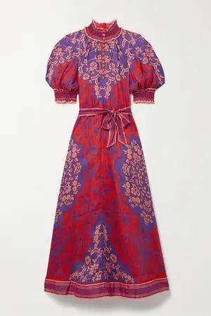 Zimmermann Raie Swing Belted Printed Ramie Maxi Dress
