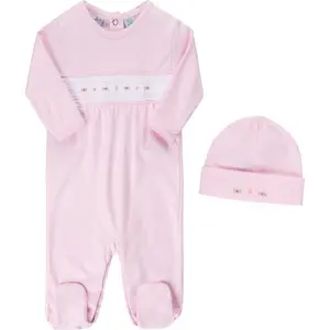FELTMAN BROTHERS Smocked Flower Footie & Hat Set - Pink