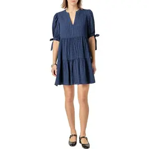 English Factory Texture Puff Sleeve Dress - Navy
