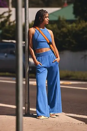 Free People Ribbed Knit Tank And Wide-Leg Pants Set Radiant Blue