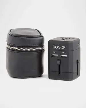 ROYCE NEW YORK International Travel Adapter & Monogrammed Leather Case Set - Black