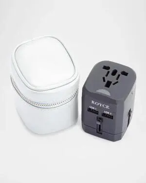 ROYCE NEW YORK International Travel Adapter & Monogrammed Leather Case Set - Silver