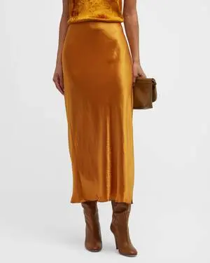 Vince Side-Slit Satin Slip Skirt Gold Sap