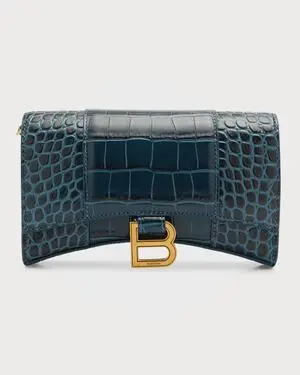 Balenciaga Hourglass Shiny Mock-croc Chain Wallet Denim Blue