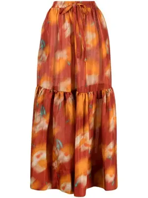 LEE MATHEWS Abstract-print Linen-silk Skirt