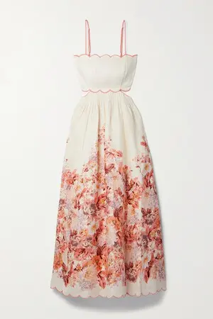 Zimmermann Devi Cutout Floral-print Linen Midi Dress Pink