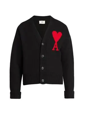 AMI Paris Men's Monogram Wool Cardigan - Ecru Rouge  - Noir Rouge