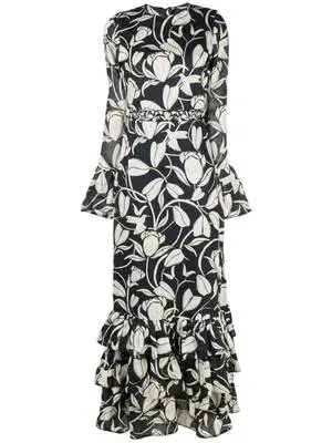 Agua Bendita Annato Flora-print Ruffled Linen Dress - Blue