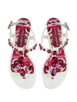 Dolce & Gabbana Majolica-print Crystal-embellished Sandals - White