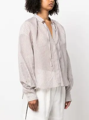 Brunello Cucinelli Split-neck Striped Blouse