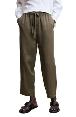 Mango Linen Drawstring Pants - Khaki
