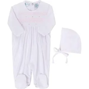FELTMAN BROTHERS Smocked Cotton Footie And Bonnet Set - Pink