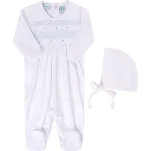 FELTMAN BROTHERS Smocked Cotton Footie & Bonnet Set - Blue