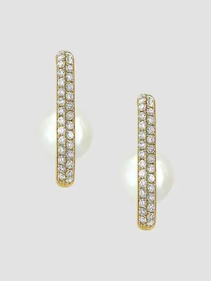 Saks Fifth Avenue Collection 14k Yellow Freshwater Pearl & 0.61 Tcw Diamond Oval Hoop Earrings - Gold