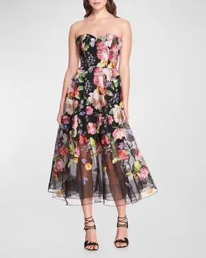 Marchesa Strapless Floral-embroidered Tulle Midi Dress - Black/pink