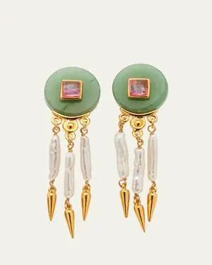 BEN-AMUN Pearl, Aventurine, And Crystal Clip-on Earrings - Gold