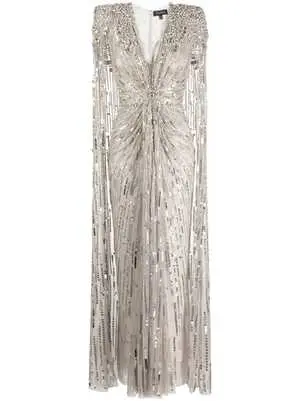 Jenny Packham Lotus Lady Embellished Cape Gown - Grey