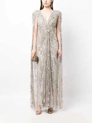 Jenny Packham Lotus Lady Embellished Cape Gown - Grey