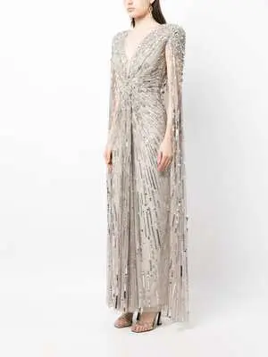 Jenny Packham Lotus Lady Embellished Cape Gown - Grey