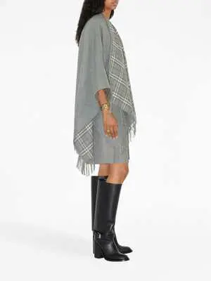 Burberry Reversible Check Wool Cape With Fringe Detail - Grey