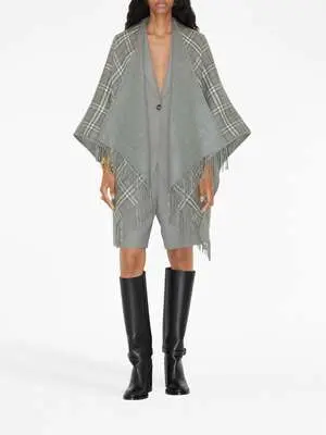 Burberry Reversible Check Wool Cape With Fringe Detail - Grey