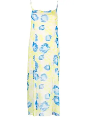 GANNI Printed Mesh Slip Midi Dress