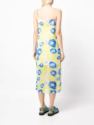 GANNI Printed Mesh Slip Midi Dress