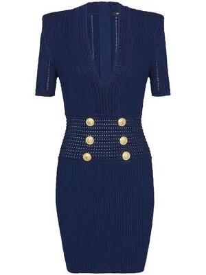 Balmain V-neck Ribbed Knit Dress - Blue