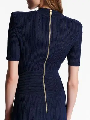 Balmain V-neck Ribbed Knit Dress - Blue