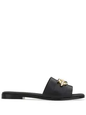 FERRAGAMO Gancini Plaque Leather Slides - Black