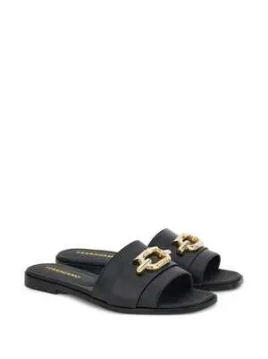 FERRAGAMO Gancini Plaque Leather Slides - Black