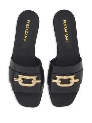 FERRAGAMO Gancini Plaque Leather Slides - Black