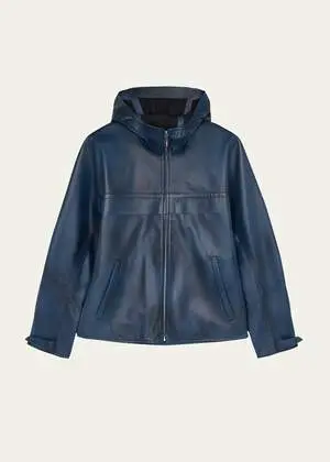 Berluti B-Way Hooded Leather Full-Zip Jacket In Blue - 50% Off