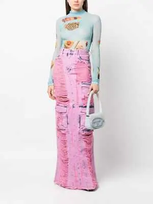 Gcds Frayed Denim Cargo Maxi Skirt