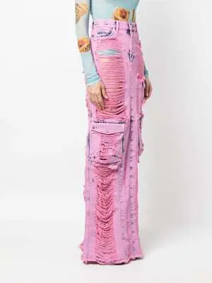 Gcds Frayed Denim Cargo Maxi Skirt