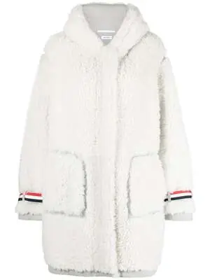 Thom Browne Stripe-trim Hooded Shearling Coat - White