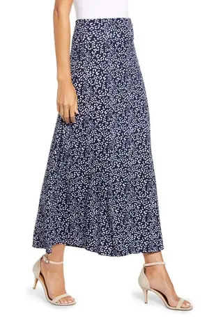 Loveappella Printed Roll Top Maxi Skirt - Navy/ivory