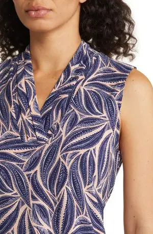 Anne Klein Leaf Print Triple Pleat Sleeveless Top