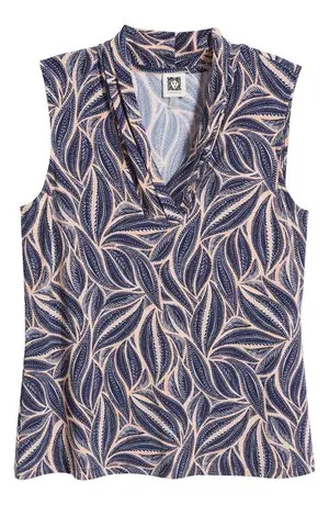 Anne Klein Leaf Print Triple Pleat Sleeveless Top