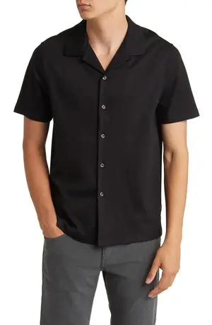 BOSS Powell Solid Short Sleeve Cotton Button-up Shirt Black