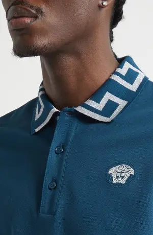 Versace Metallic Greca Collar Piqué Polo - Petrol Blue