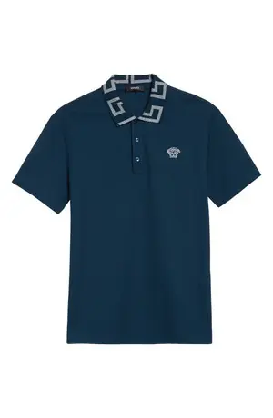 Versace Metallic Greca Collar Piqué Polo - Petrol Blue